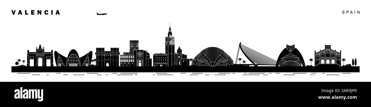 Valencia City city silhouette landmarks black and white architectural ...