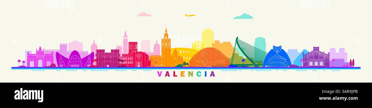 Valencia city skyline landmarks abstract colorful banner design, Spain ...