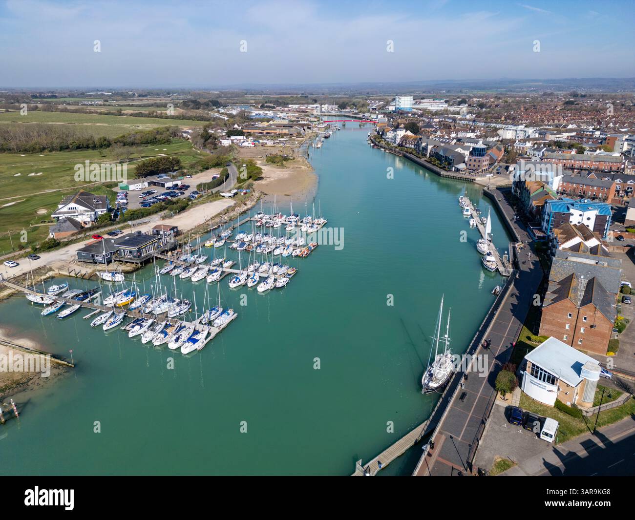 Aerial view of the River Arun estuary in Littlehampton, West Sussex, UK ...