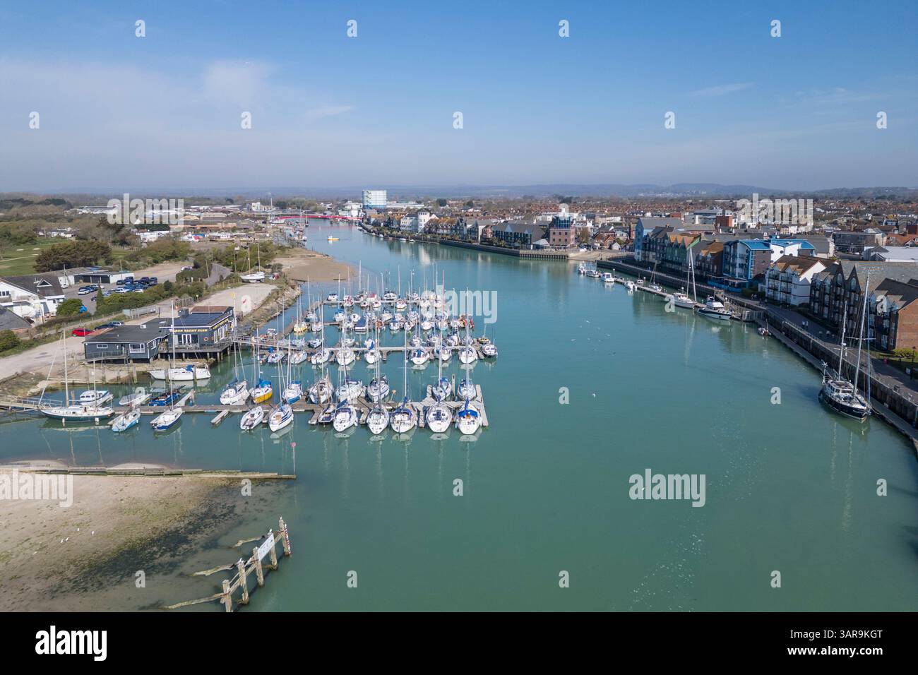Aerial view of the River Arun estuary in Littlehampton, West Sussex, UK ...