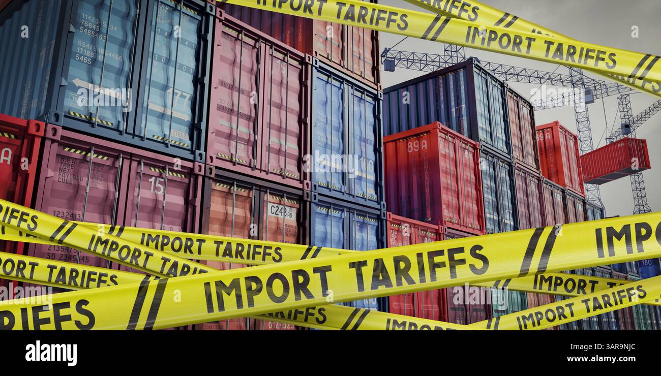 Import tariffs tapes and cargo containers - 3D illustration Stock Photo ...