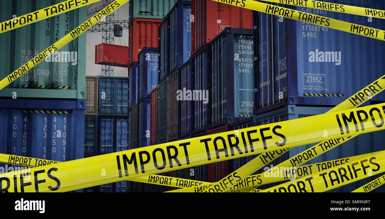 Import tariffs tapes and cargo containers - 3D illustration Stock Photo ...