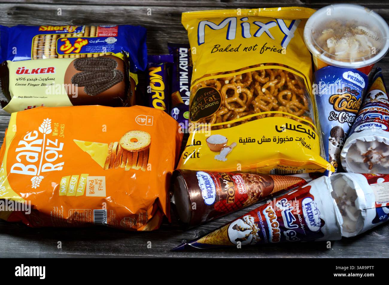Cairo, Egypt, March 15 2025: snacks and sweets of bake rolz baked ...
