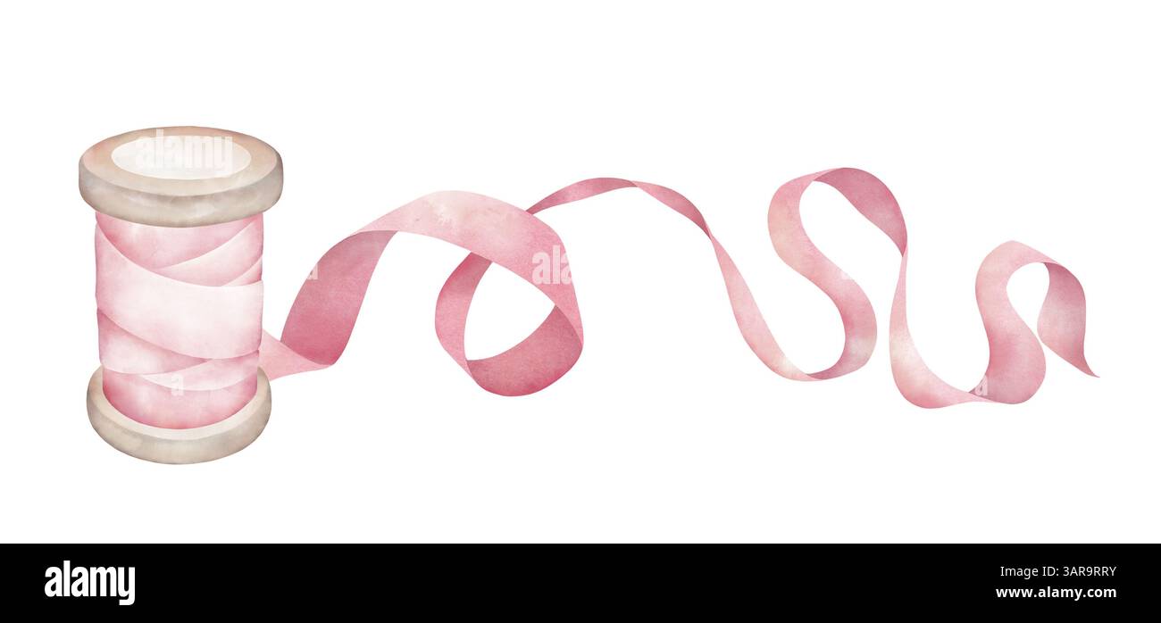 Wooden spool with red ribbon. Watercolor illustration of sewing ...