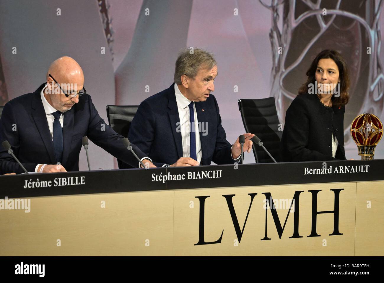 Paris, France. 17th Apr, 2025. World's top luxury group LVMH head Bernard Arnault speaks next to ...