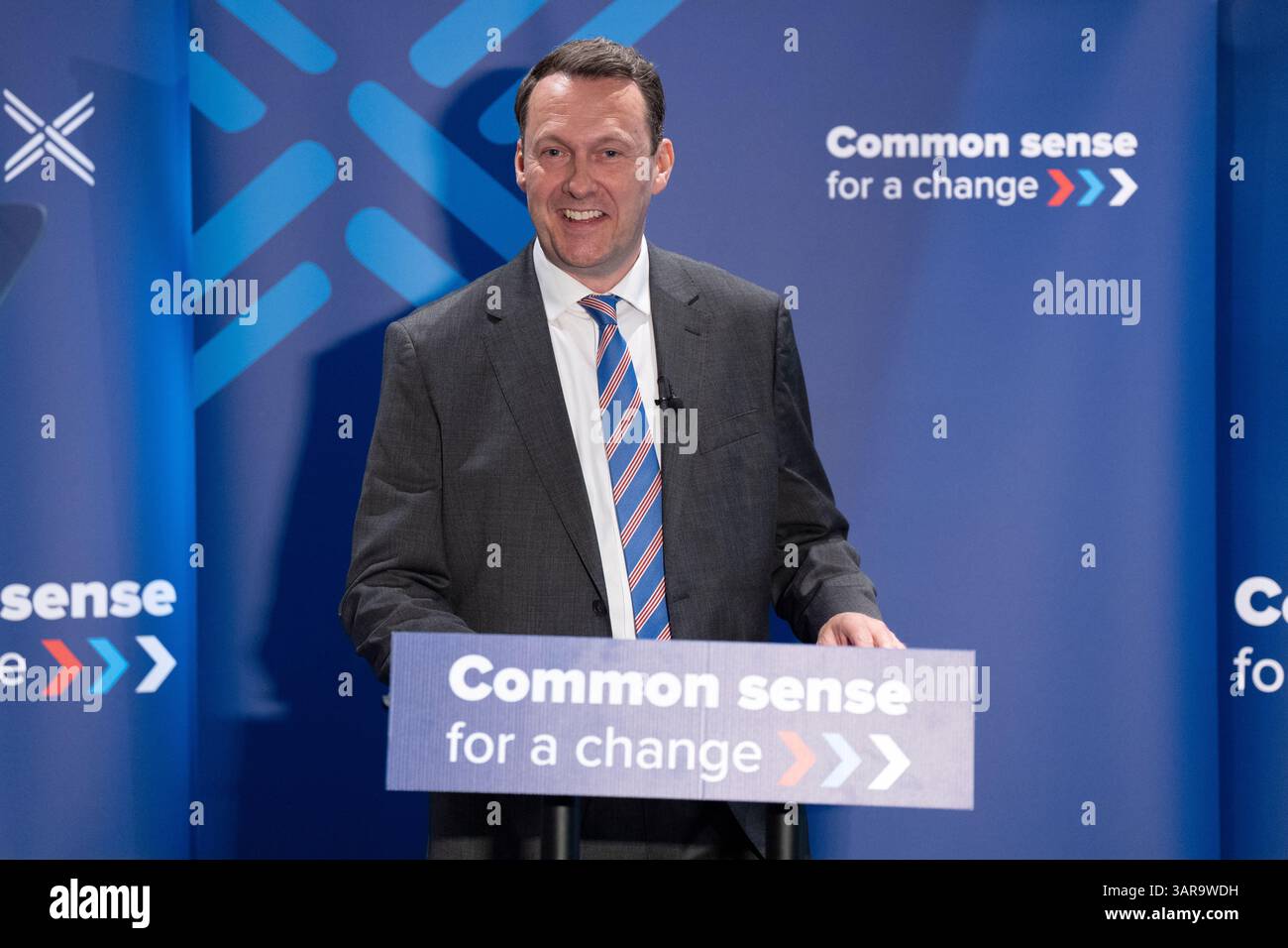 Scottish Conservative leader Russell Findlay delivers his speech at the ...