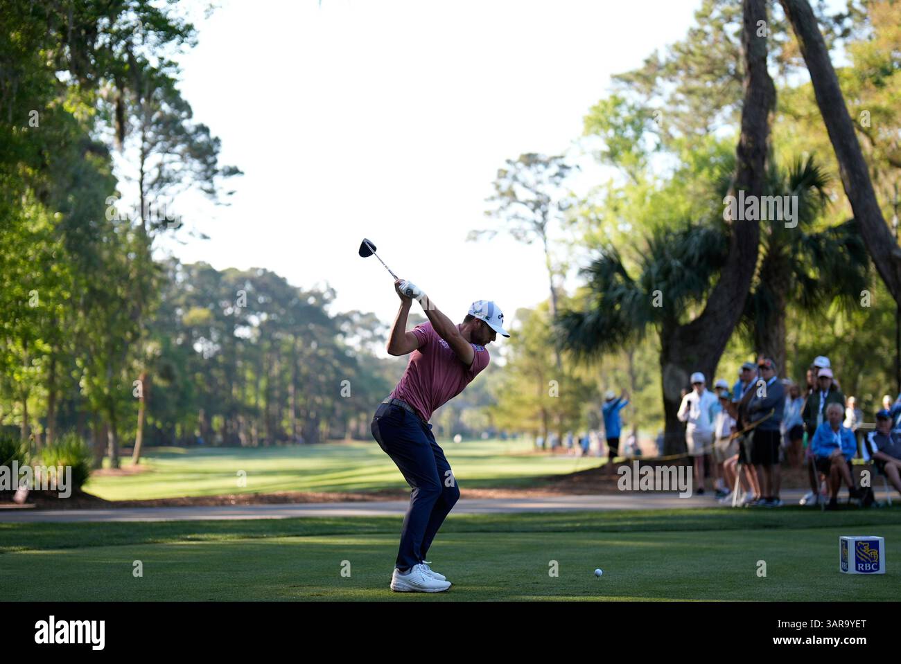 Sam Burns hits his tee shot from the second hole during the first round ...