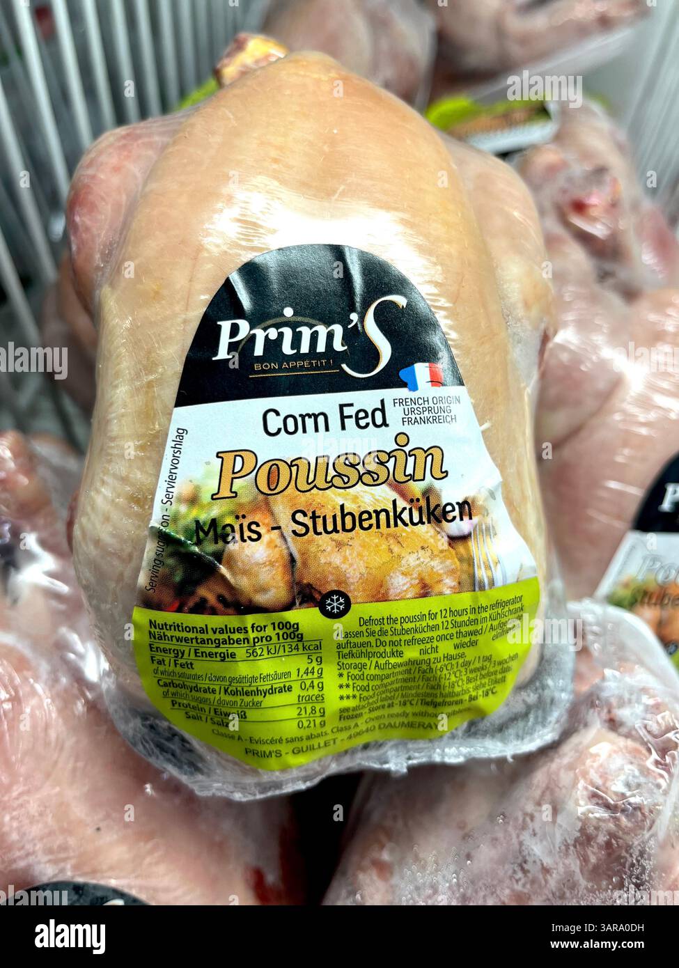 Prim'S packaged corn fed poussin (young chicken) displayed in a ...