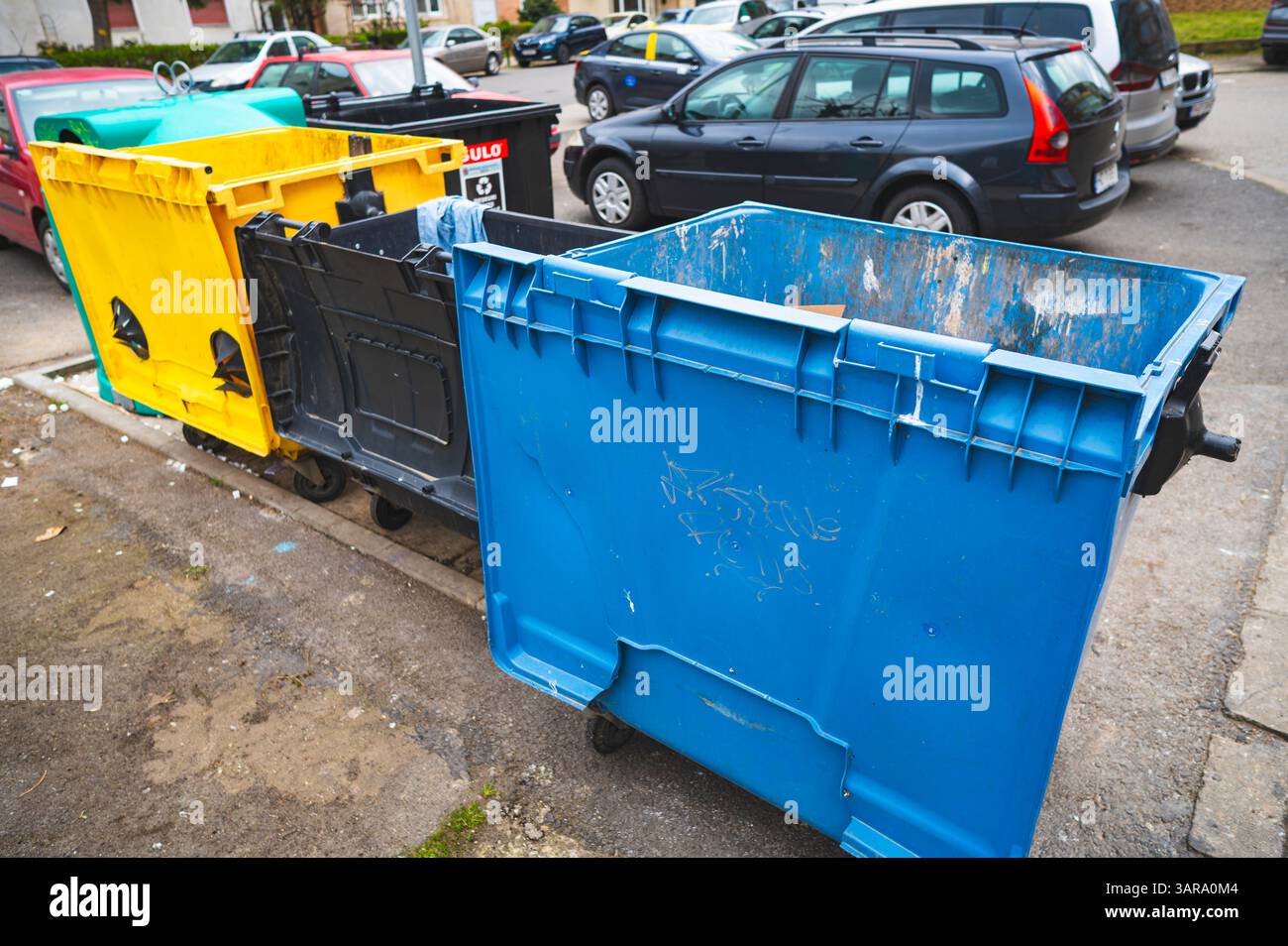 Deva, Romania - April 11, 2025 space designated for recycling containers for household waste ...