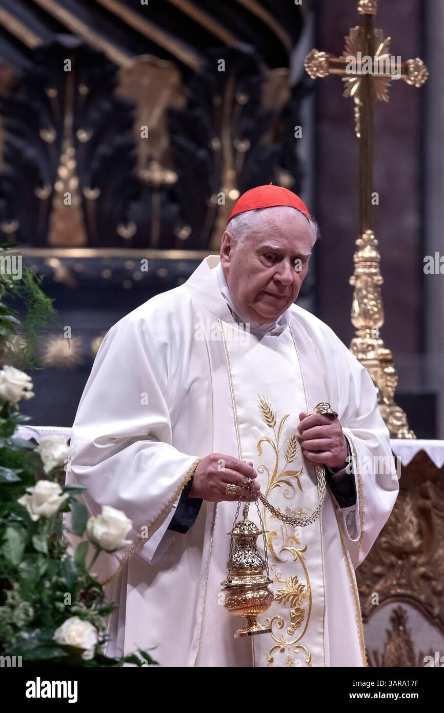 Vatican City, Vatican, 17 April 2025. Cardinal Domenico Calcagno lesds the Chrism Mass for Holy ...