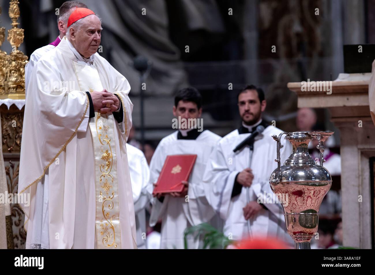 Vatican City, Vatican, 17 April 2025. Cardinal Domenico Calcagno lesds the Chrism Mass for Holy ...
