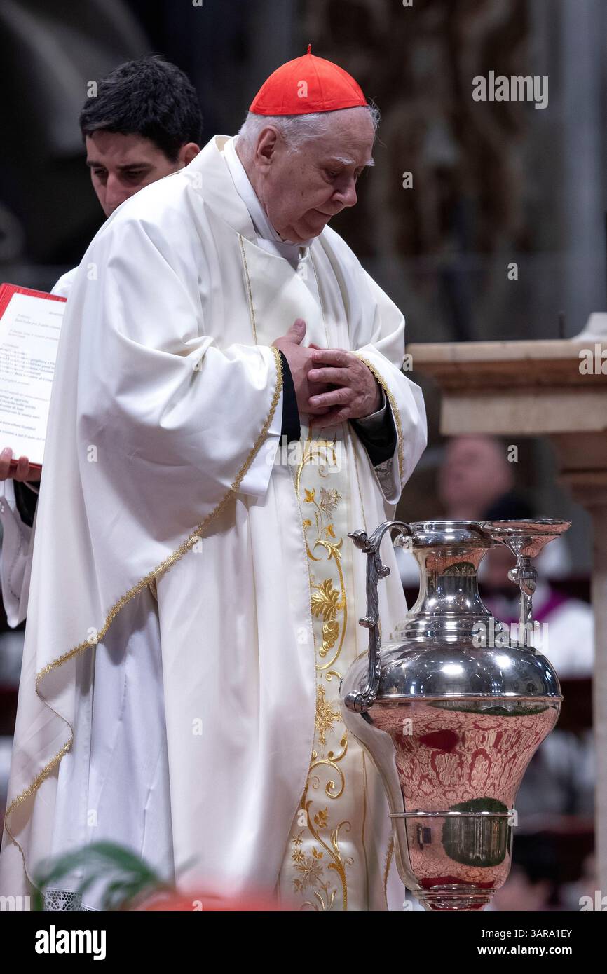 Vatican City, Vatican, 17 April 2025. Cardinal Domenico Calcagno lesds the Chrism Mass for Holy ...