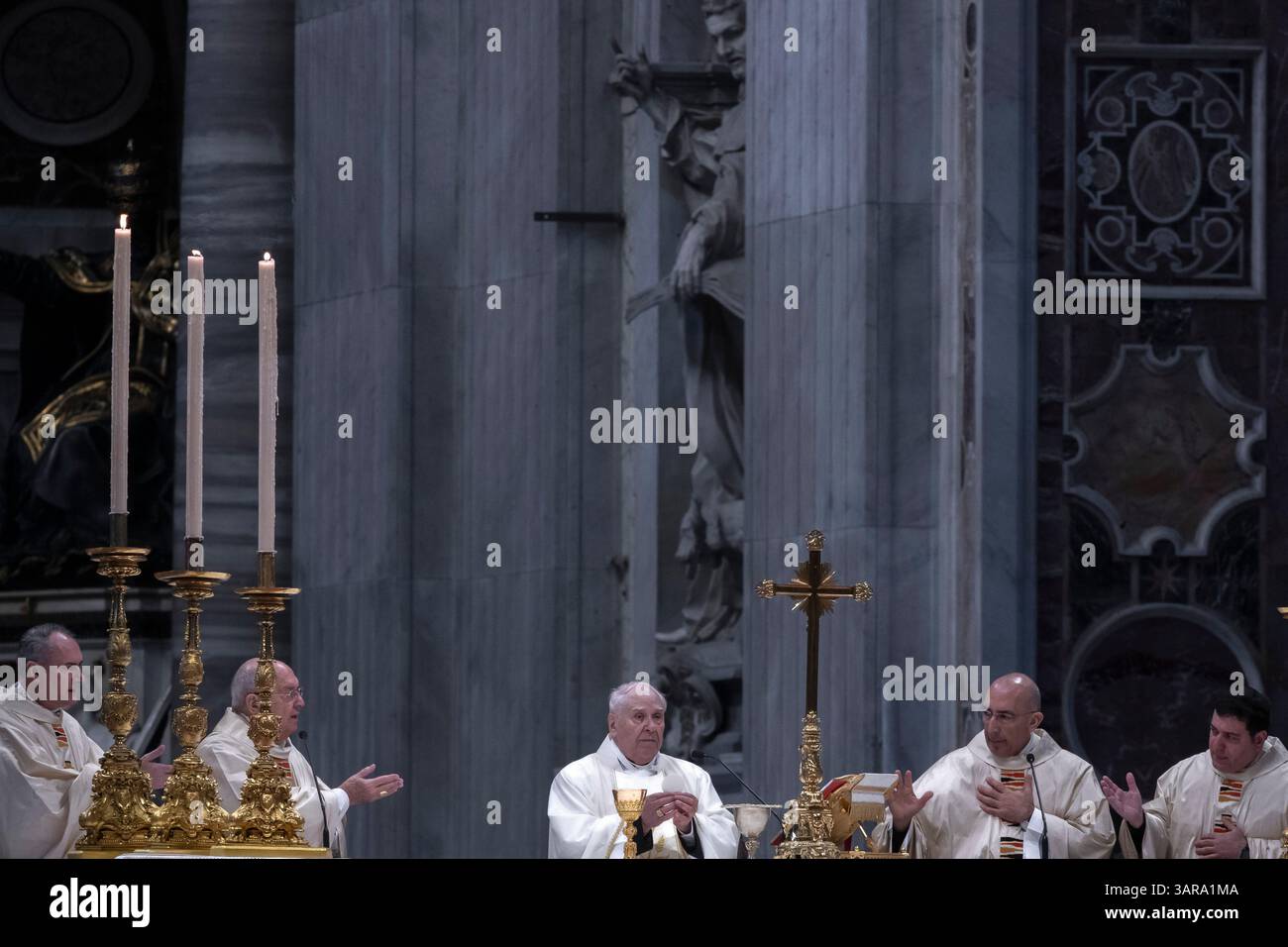 Vatican City, Vatican, 17 April 2025. Cardinal Domenico Calcagno lesds the Chrism Mass for Holy ...