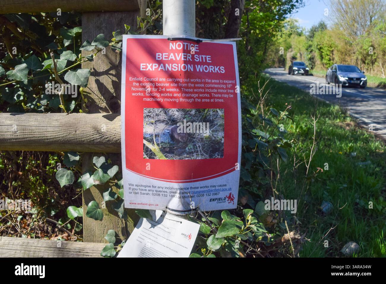 London, England, UK. 17th Apr, 2025. A sign informs of beaver site ...