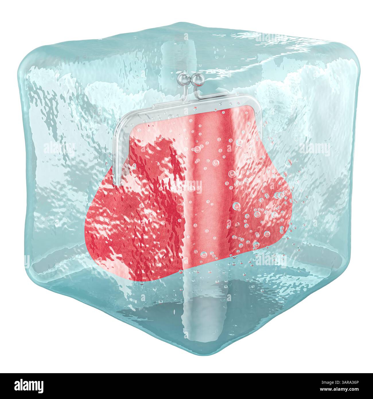 Frozen Account, concept. Coin purse frozen in ice cube, 3D rendering ...