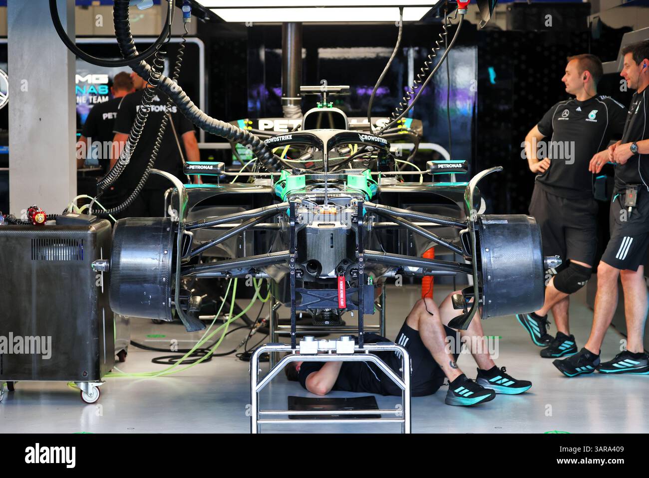 Jeddah, Saudi Arabia. 17th Apr, 2025. Mercedes AMG F1 W16 being ...