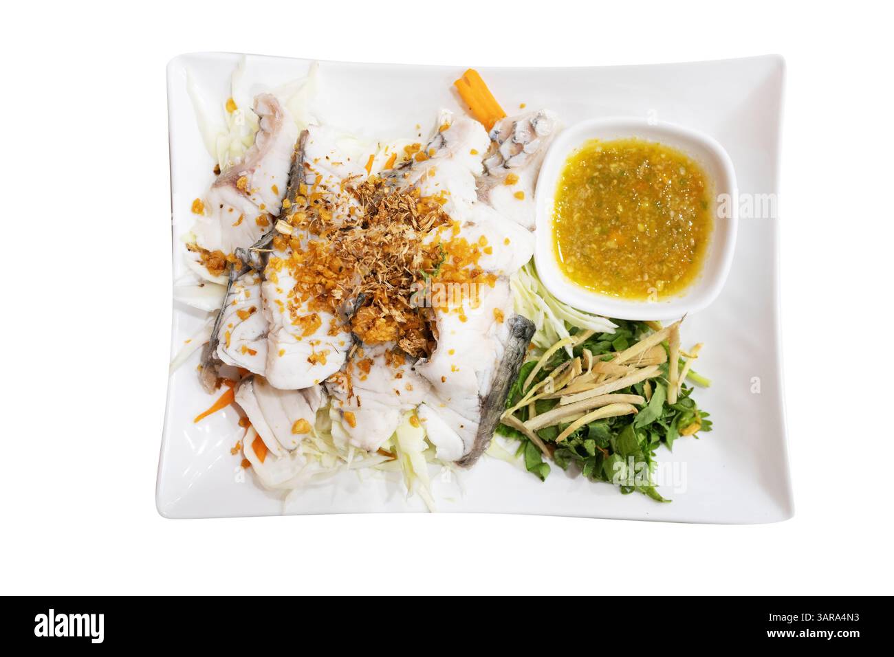 Die cut of Steam Red Snapper fillet with seafood spicy dipping on white ...