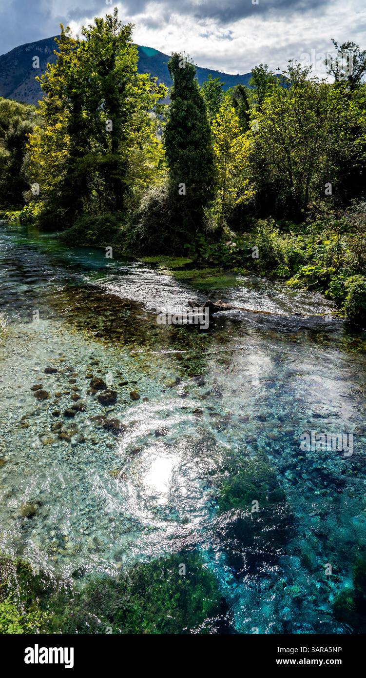 A serene river scene with clear blue water flowing through lush ...