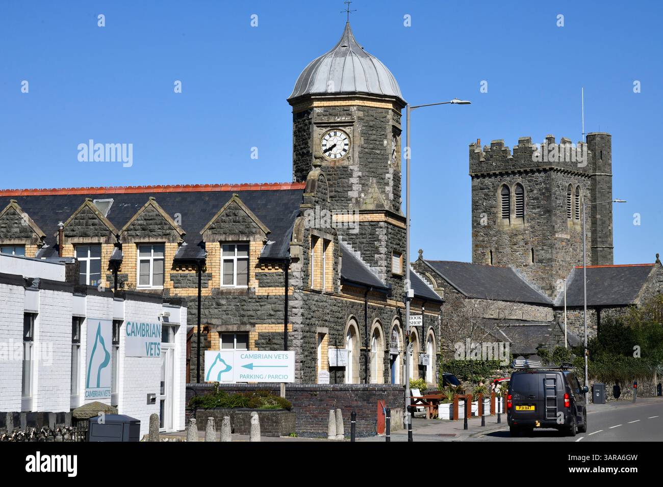 Victorian historic buildings and church at Aberdovey, Wales, Uk Stock ...