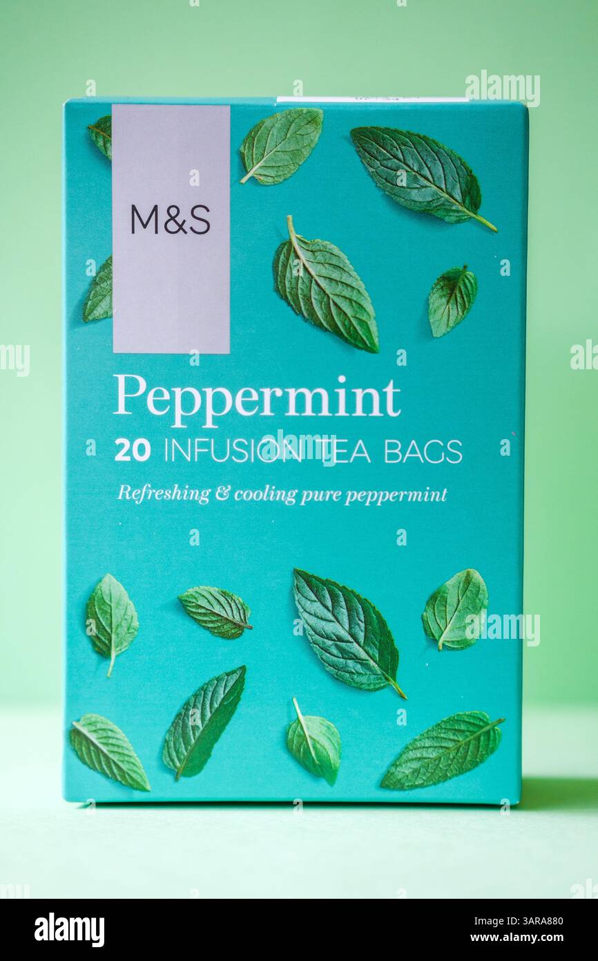 London UK, April17 2025, Box of Marks and Spencer Refreshing Peppermint Infusion Tea Bags Stock ...