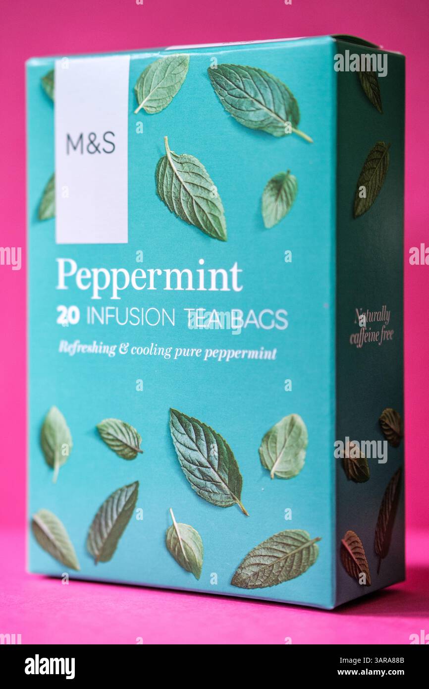London UK, April17 2025, Box of Marks and Spencer Refreshing Peppermint Infusion Tea Bags Stock ...