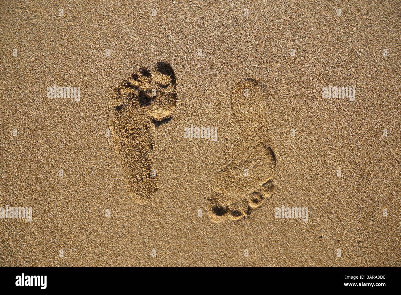two barefoot prints in different directions on a sandy beach on a sunny ...