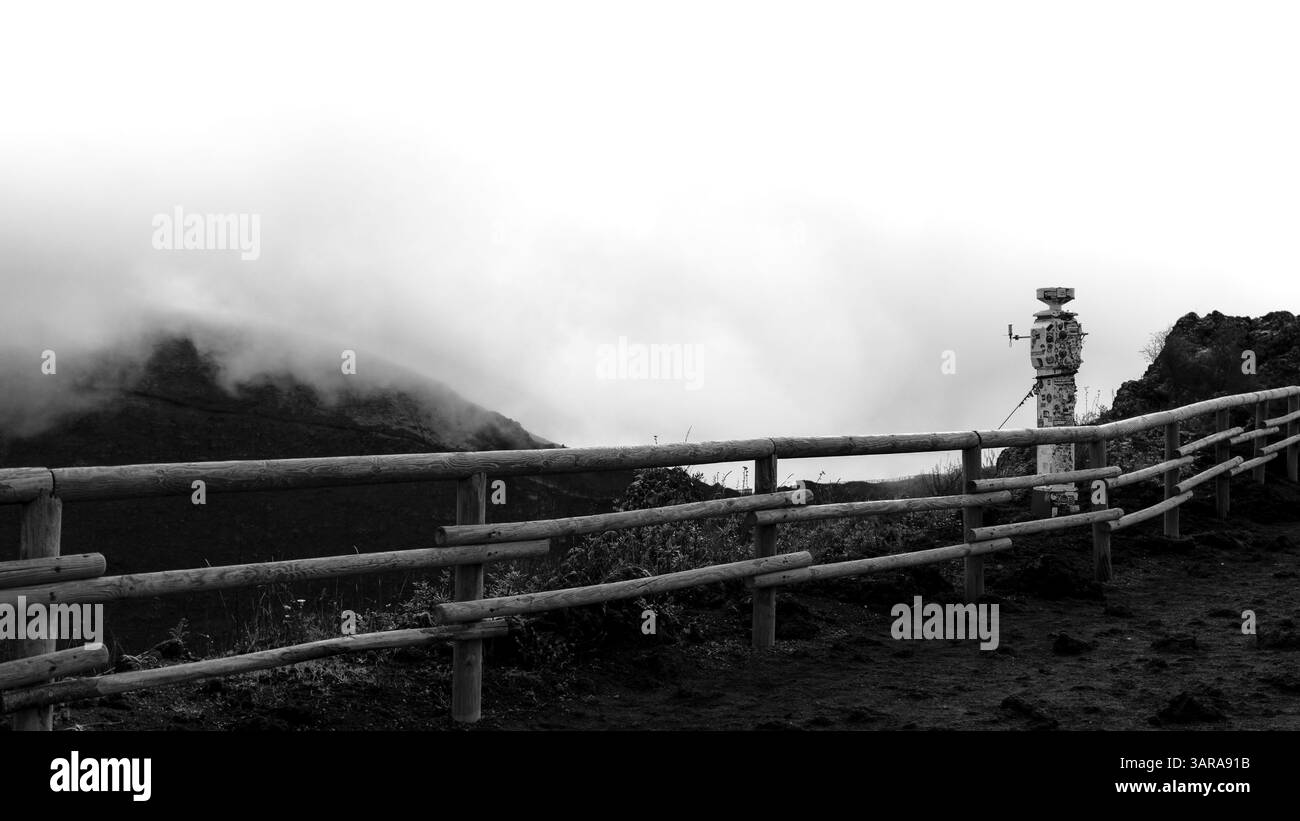 View from the summit of Mount Vesuvius shrouded in mist, near Naples ...