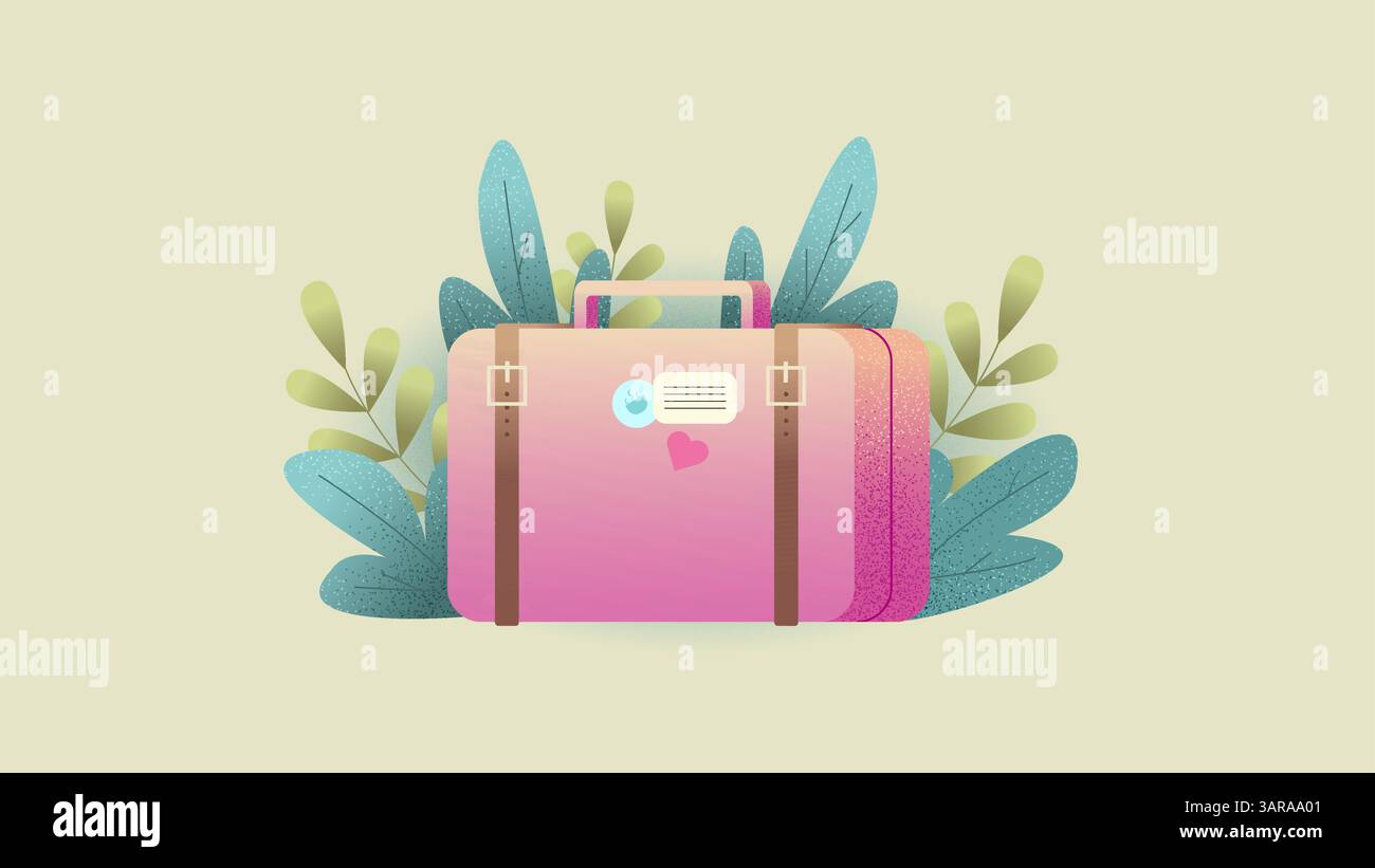 Pink travel suitcase with plants and paper stickers. Summer travel ...
