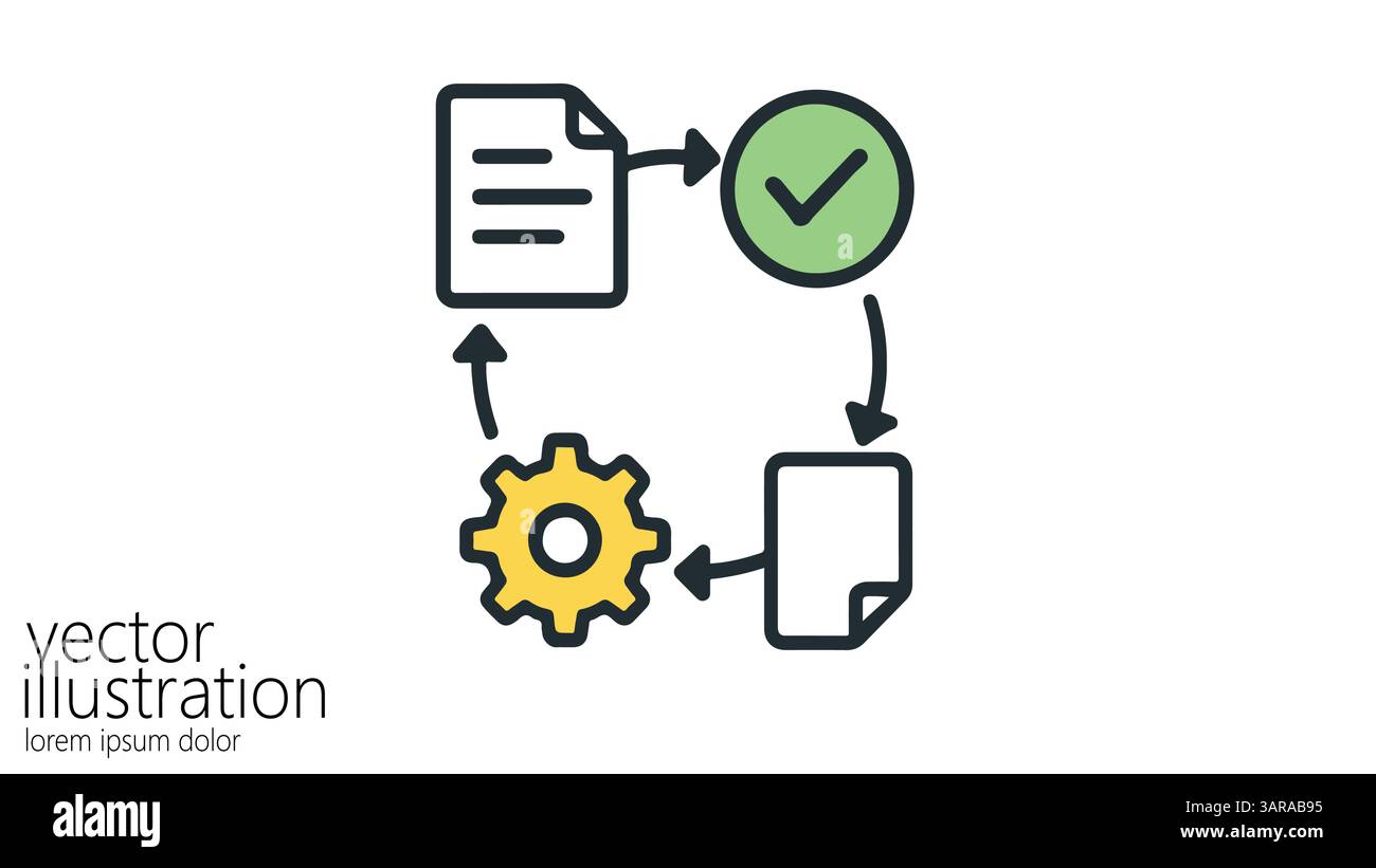 Process diagram icon shows workflow. Document, gear, checkmark represented. Automation ...