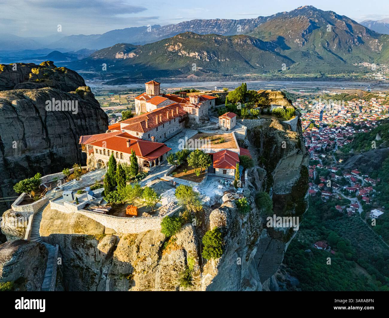 View of Meteora with Eastern Orthodox monasteries, a rock formation in ...