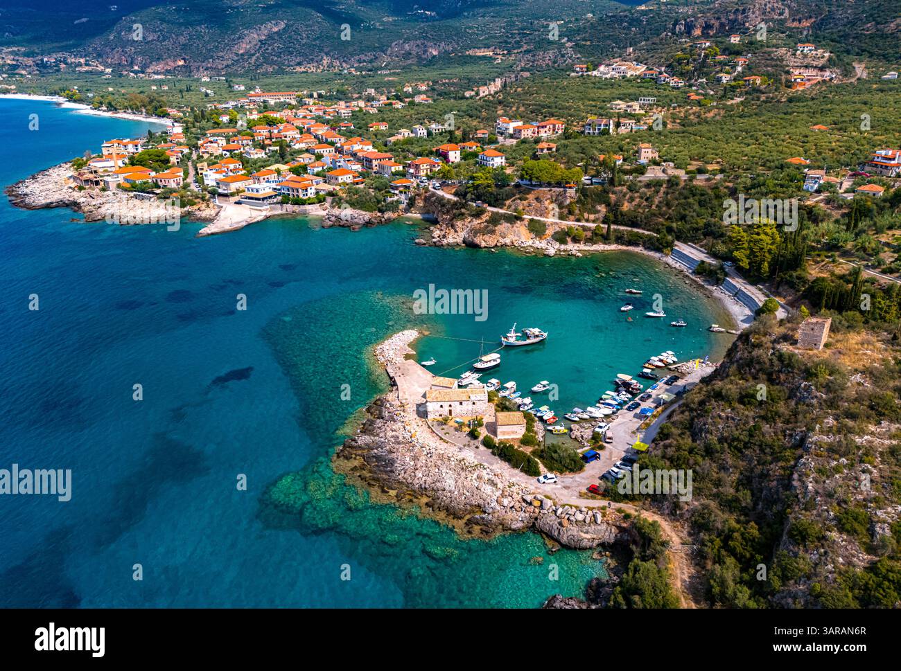 Aerial view of the coast at Kardamyli, Messenia on the Mani Peninsula ...