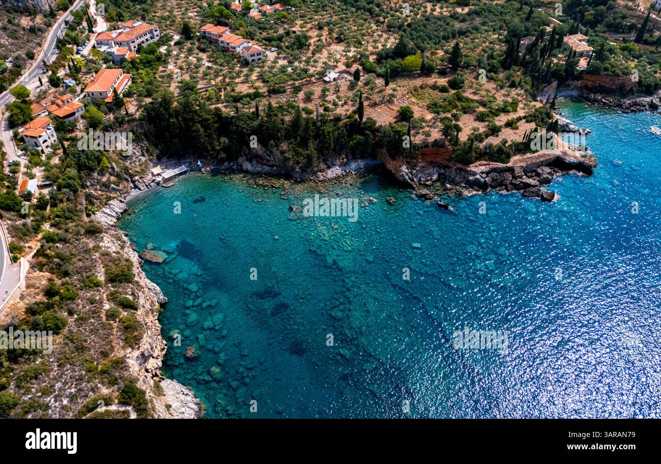 Aerial view of the beach at Kalamitsi village near Kardamyli, Messenia ...