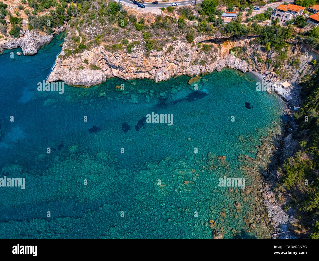 Aerial view of the beach at Kalamitsi village near Kardamyli, Messenia ...