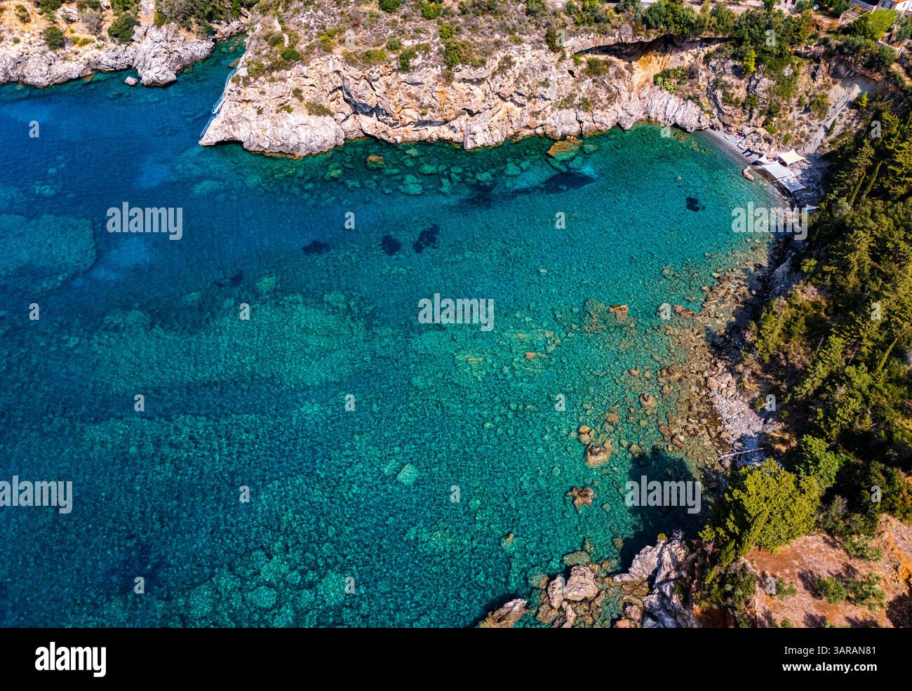 Aerial view of the beach at Kalamitsi village near Kardamyli, Messenia ...