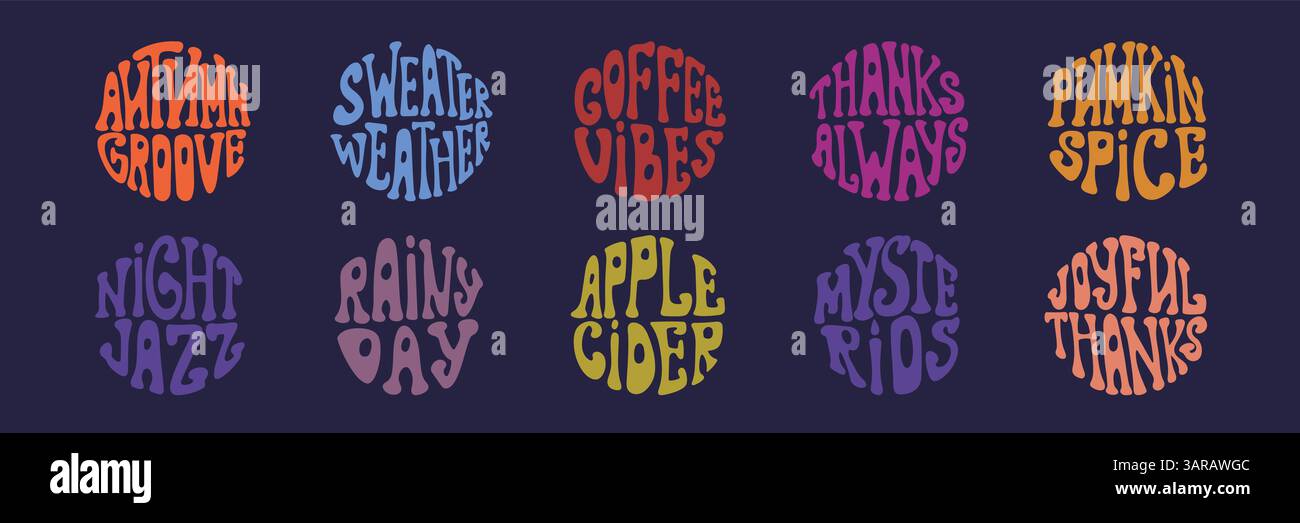Groovy retro text designs featuring seasonal themes in vibrant colors ...