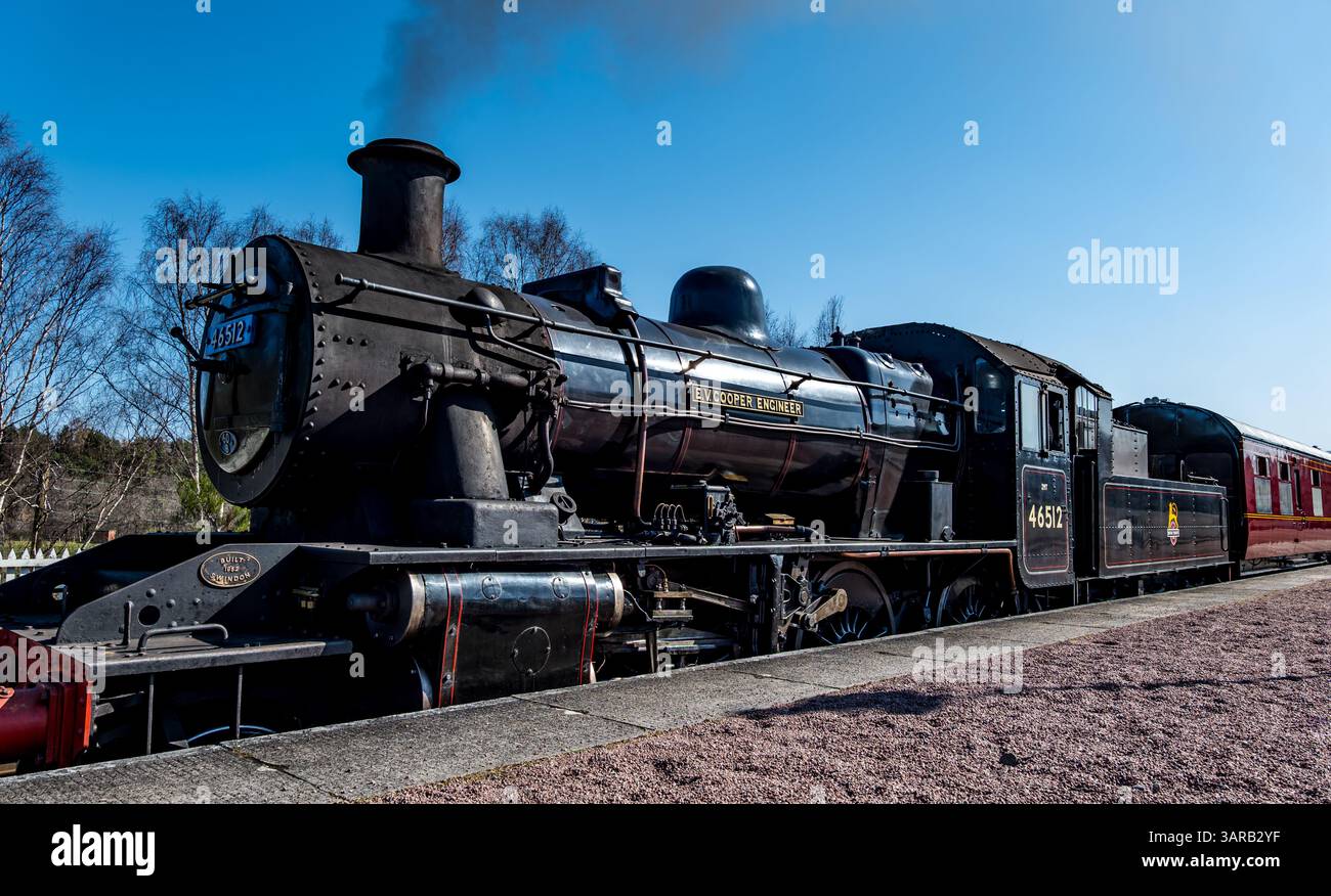 Heritage Strathspey steam railway engine departing from Aviemore train ...