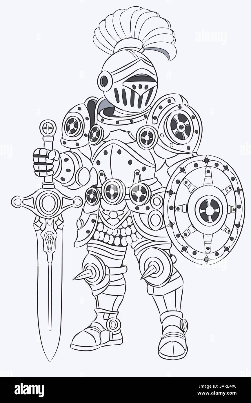 Medieval knight in armor black and white vector illustration Stock ...