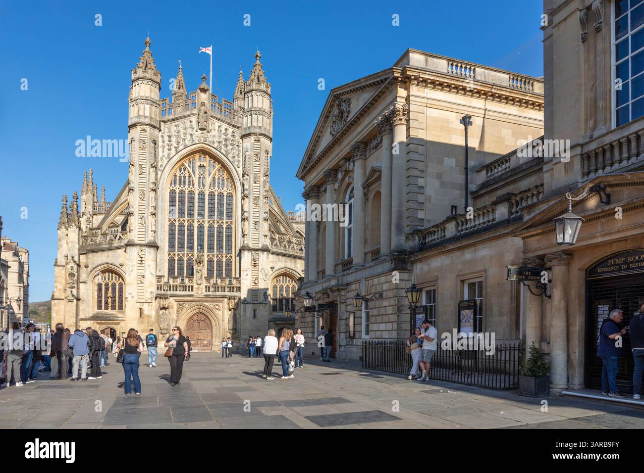 Bath Abbey and the Pump Room facade, Bath, Somerset, England, United Kingdom, Europe Stock Photo ...