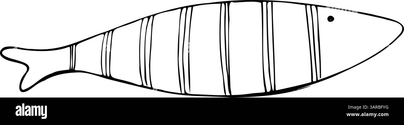 Large elongated fish of simple shape with rustic patterns. Graphic line ...