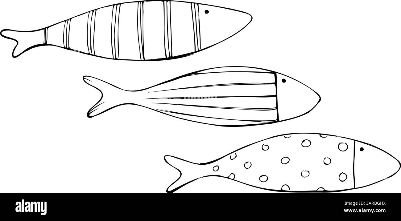 Large elongated fish of simple shape with rustic patterns. Graphic line ...