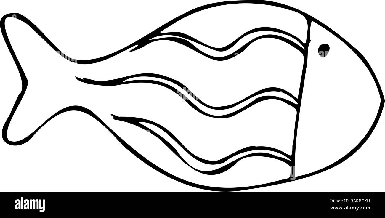 Small round fishes of simple shape with rustic patterns. Graphic line ...