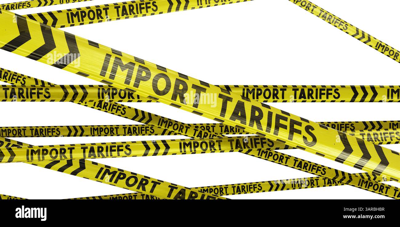 Import tariffs yellow tapes - 3D illustration Stock Photo - Alamy