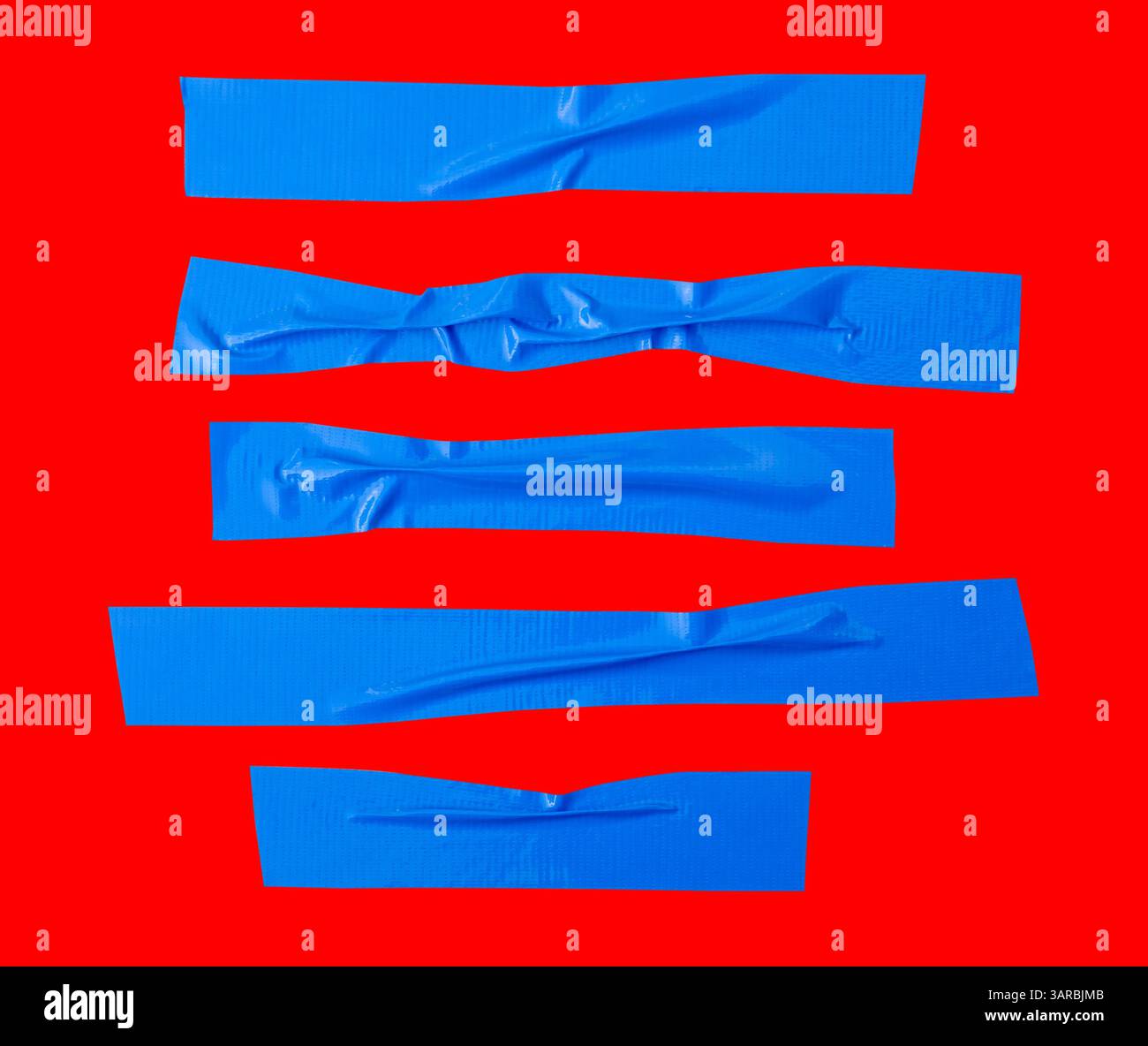 Top view set of wrinkled or crumpled blue adhesive vinyl tape or cloth ...