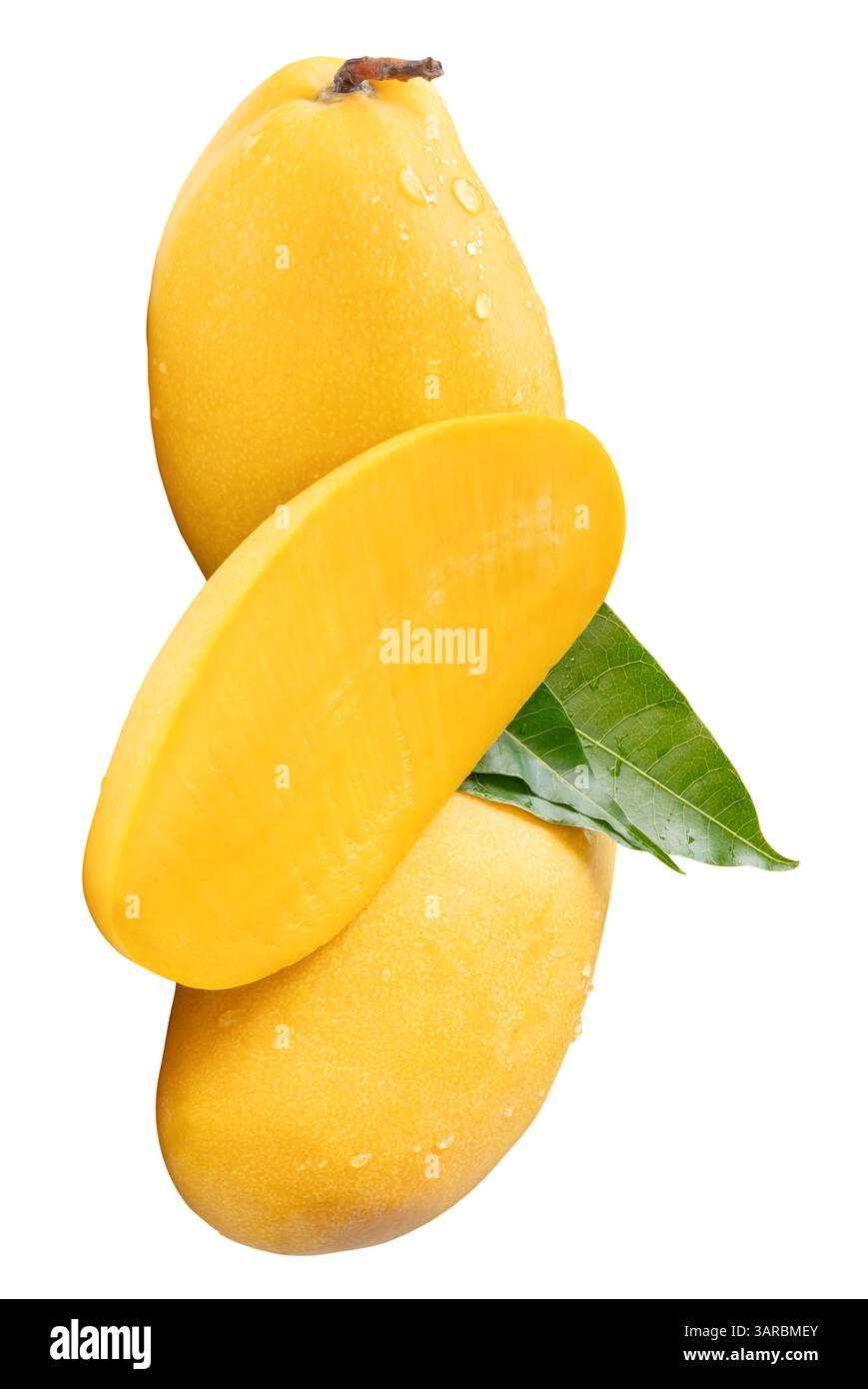 Two ripe yellow mango fruits and mango half with green leaves and water ...