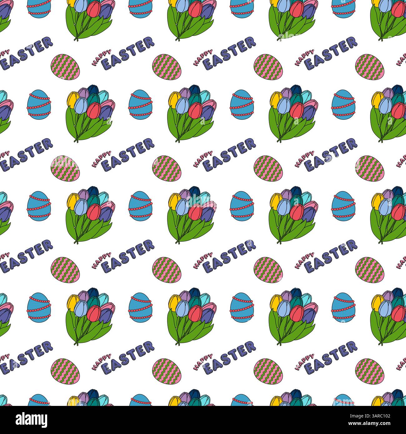 Seamless pattern with multicolored of spring tulip bouquets, ornate ...