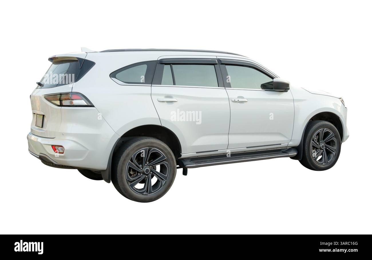Right side and back view of elegant white SUV sports car is isolated on ...