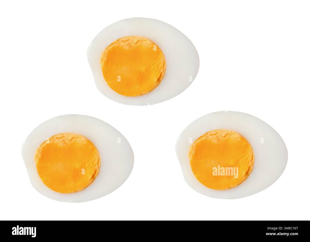 Top view set of unpeeled cooked or boiled chicken eggs in three halves ...