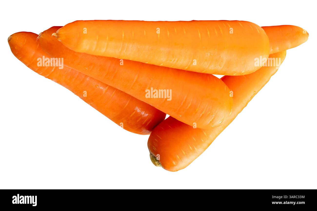 Side view of five fresh orange carrot roots in stack is isolated on ...