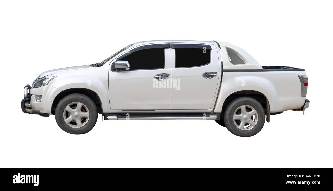 Right side view of white pickup truck is isolated on white background ...