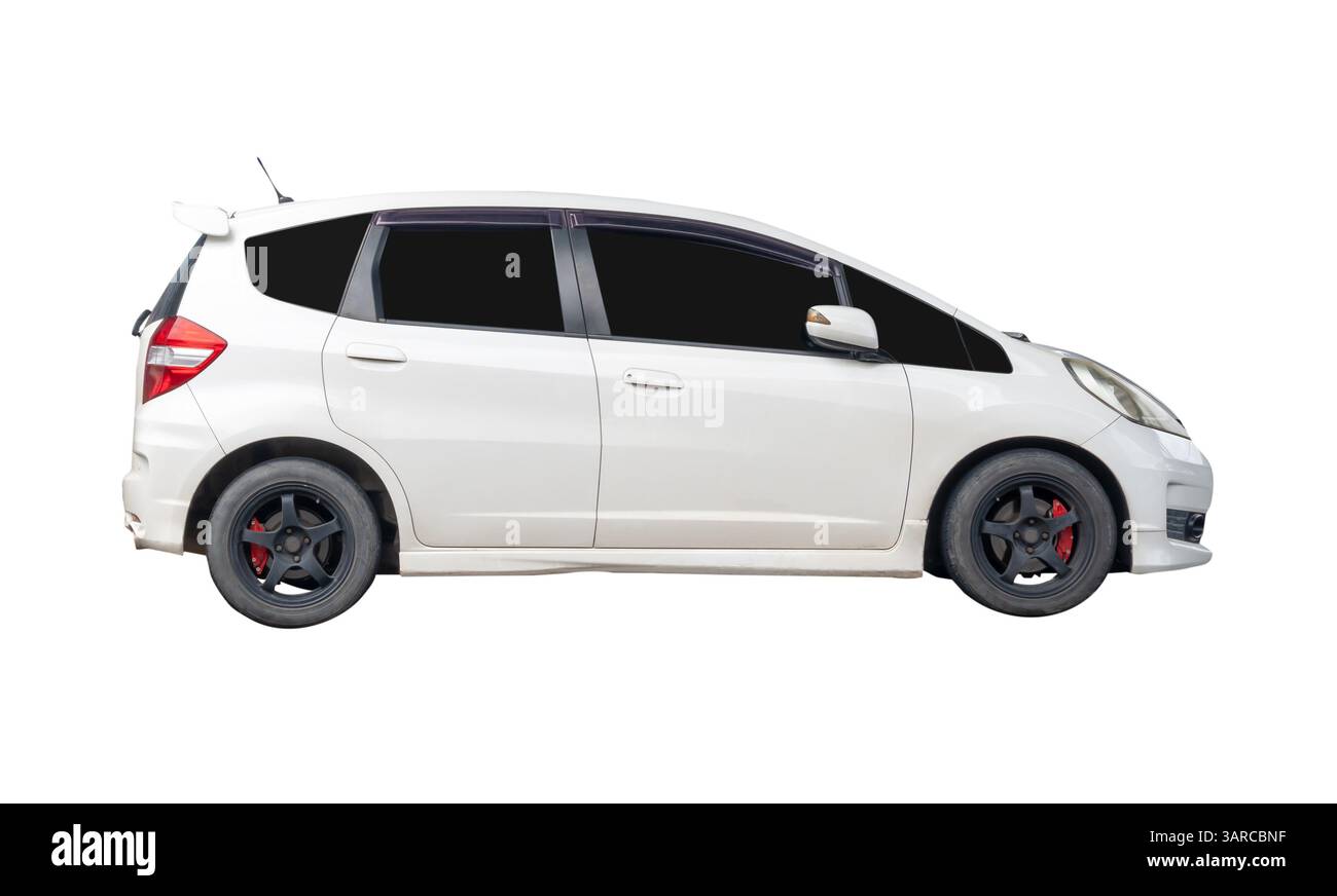 Right side view of mini or small white sports hatchback car is isolated ...